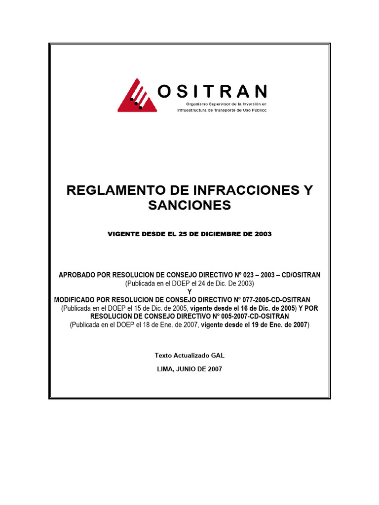 Reginsac Reglamento de Sancion e Infraciones de Ositran | PDF | Infraestructura | Business