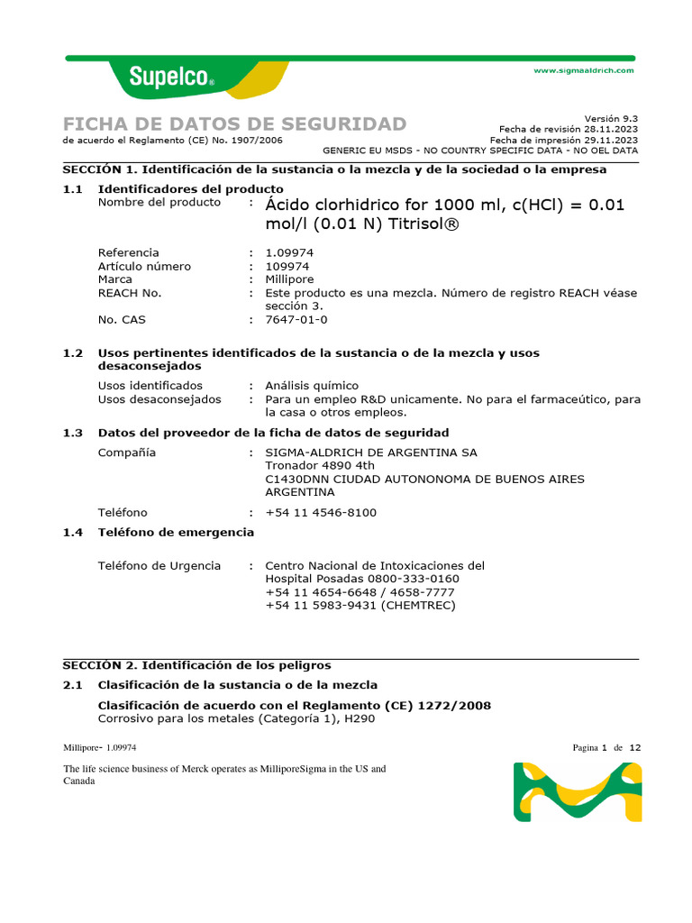 HCL 0,01N - TITRISOL (L) MERCK | PDF | Toxicidad | Quemar