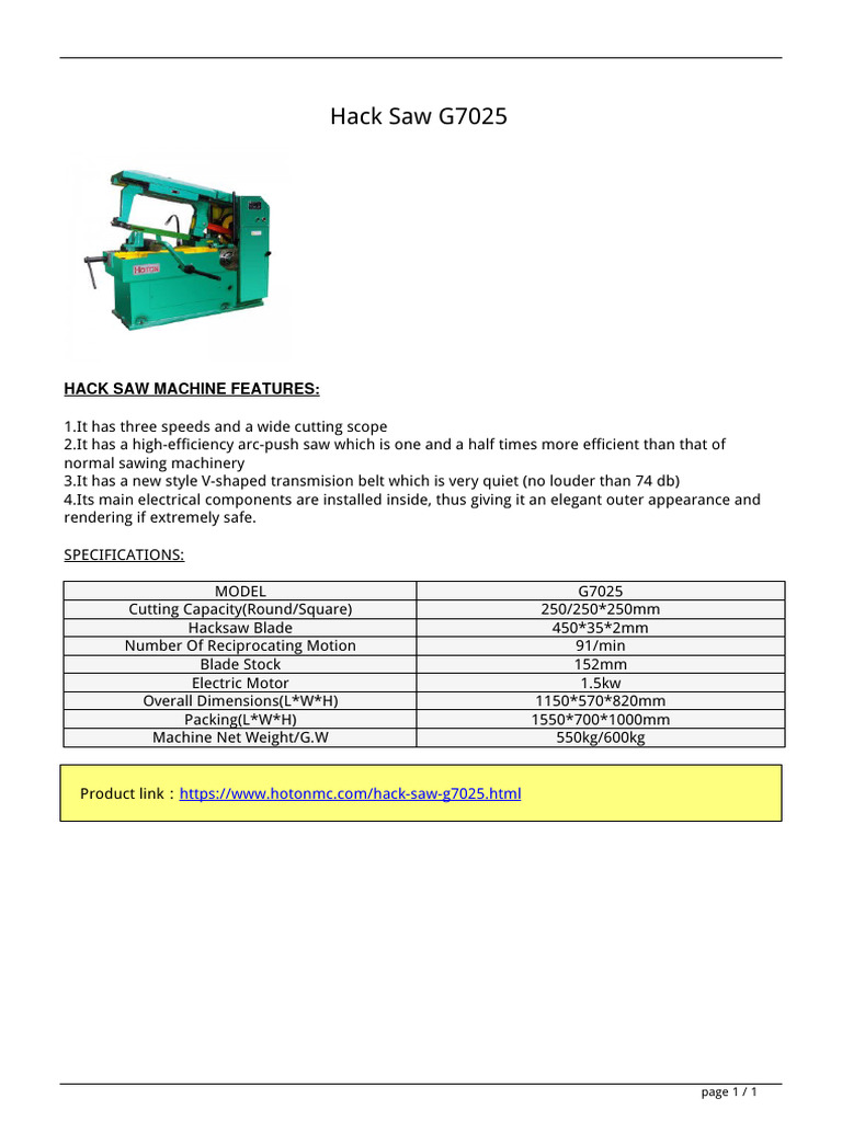 G7025 Power Hacksaw Features & Specs | PDF | Technology & Engineering