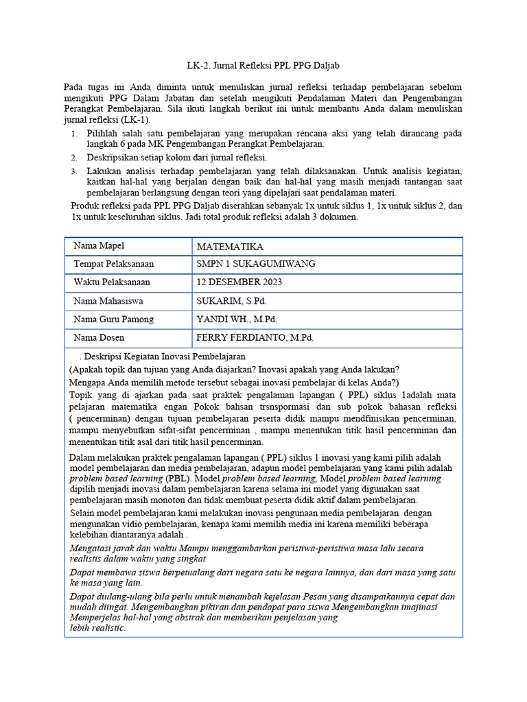 SUKARIM LK-2 Jurnal Refleksi PPL PPG Daljab | PDF