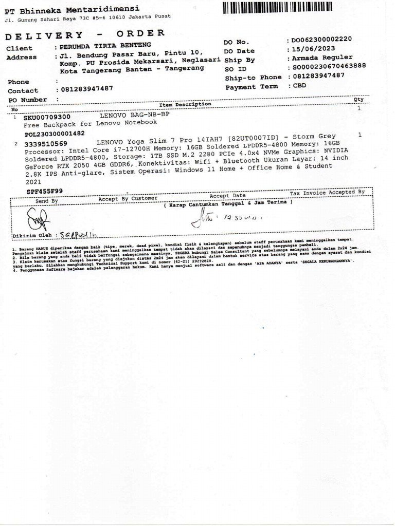 Invoice Lenovo Yoga Slim 7 Pro Perumda Tirta Benteng Kota Tangerang | PDF