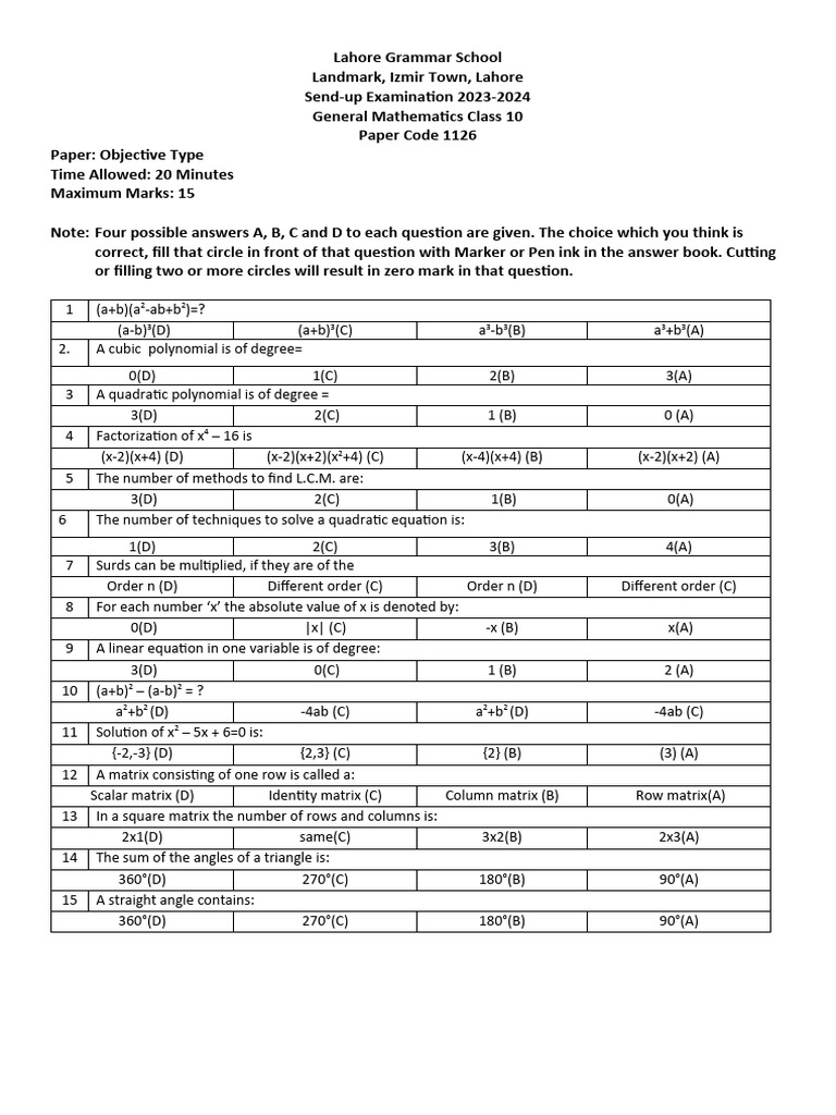Class 10 General Mathematics Exam Paper | PDF | Matrix (Mathematics ...