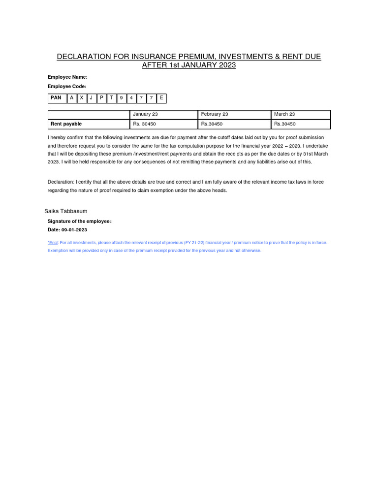 Tax Proof Declaration for 2022-2023 | PDF | Finance & Money Management