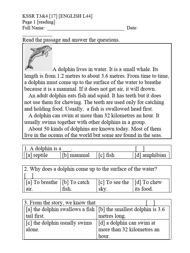 KSSR T3&4 (17) (English L44) | PDF | Dolphin | Fish