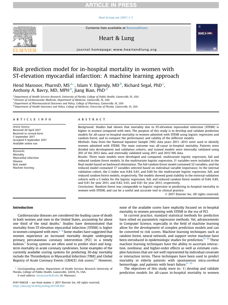 J HRTLNG 2017 09 003 | PDF | Myocardial Infarction | Regression Analysis