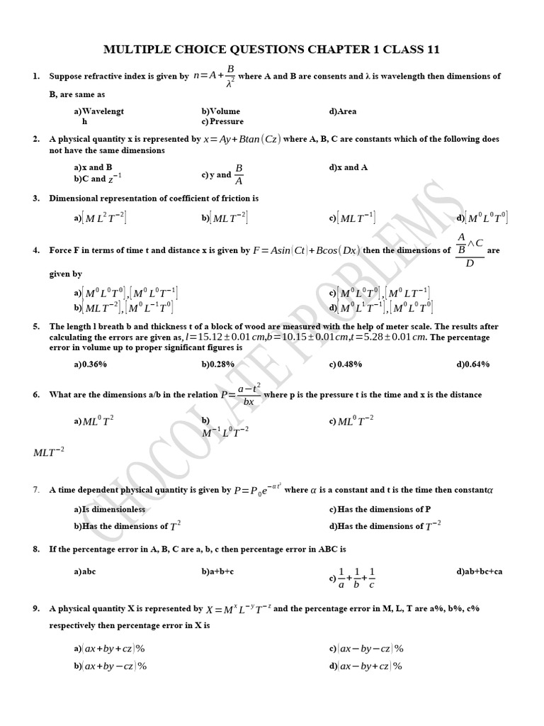 MULTIPLE CHOICE QUESTIONS CHAPTER 1 CLASS 11 | PDF | Wavelength | Physics MULTIPLE CHOICE QUESTIONS CHAPTER 1 CLASS 11 | PDF | Wavelength | Physics