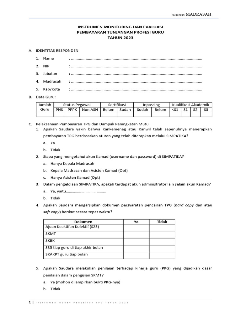 Instrumen Monev TPG 2023 - Madrasah | PDF