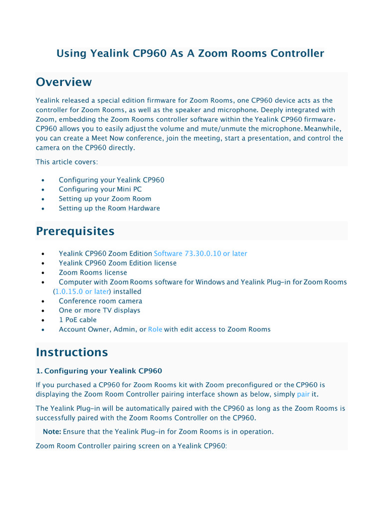 Using Yealink CP960 As A Zoom Rooms Controller | PDF