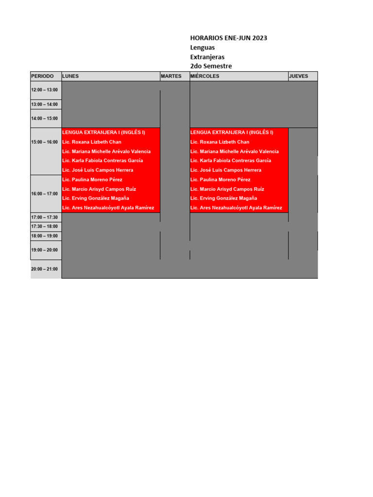 Copia de HORARIOS INGLES LENGUAS E INGLÉS LICENCIATURAS ENE-JUN 2023 | PDF