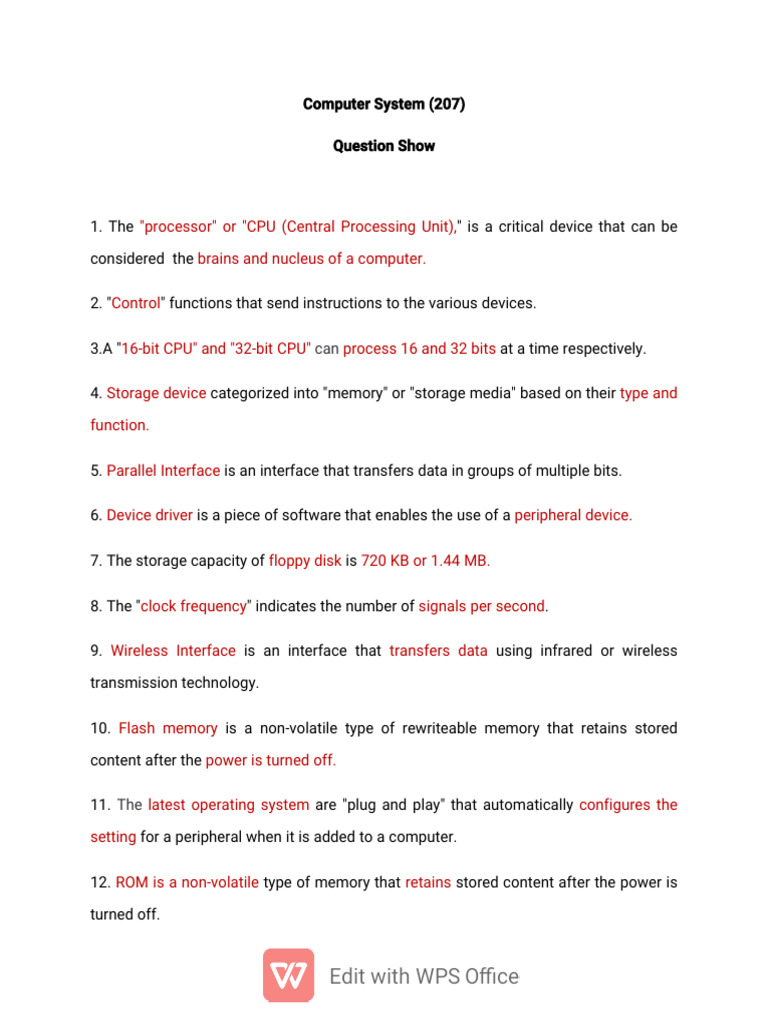 Computer System-WPS Office 1 | PDF | Computer Data Storage | Random Access Memory