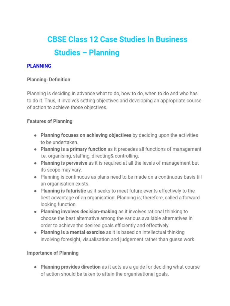 CBSE Class 12 Case Studies in Business Studies - Planning | PDF | Policy | Legal Tender