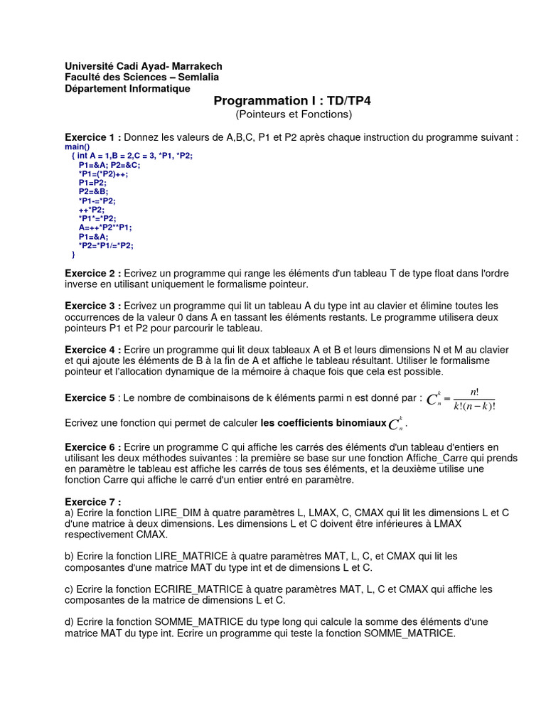 Programmation I: TD/TP4: (Pointeurs Et Fonctions) | PDF | Pointeur (programmation) | Matrice ...