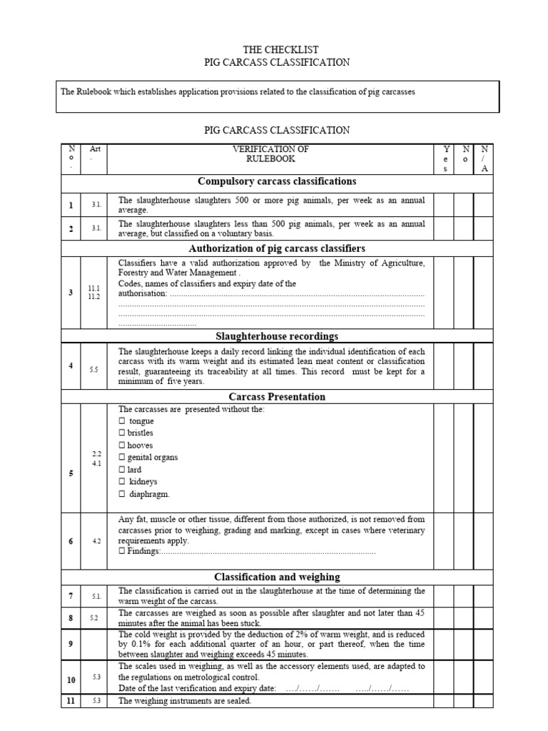 Checklist Pig | PDF | Slaughterhouse | Weight