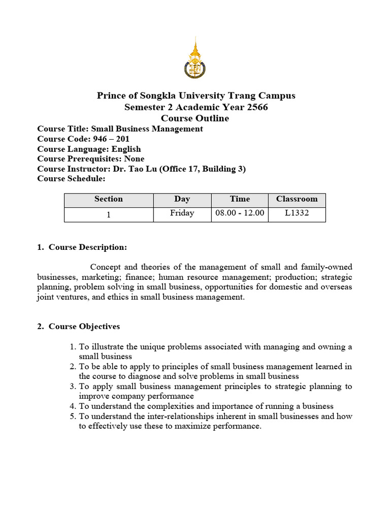 946-201 Small Business Management (SBM) Course Outline | PDF | Rubric ...