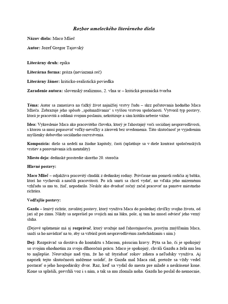 Rozbor Literárneho Diela - Maco Mlieč | PDF