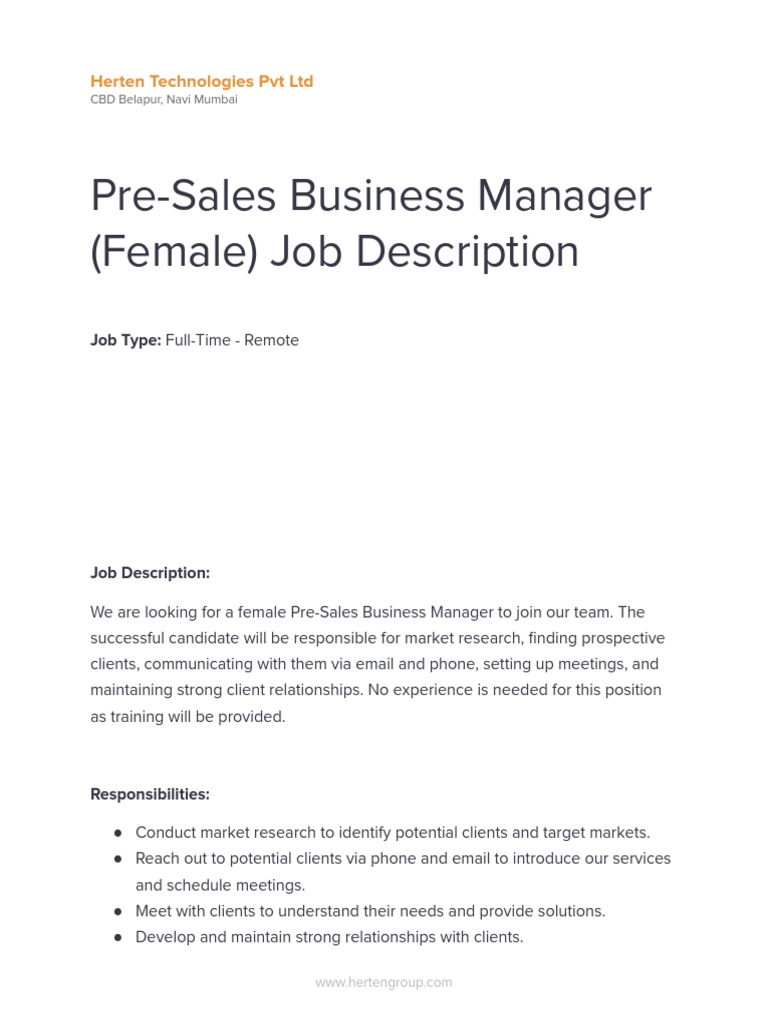 Pre-Sales Manager JD | PDF | Business