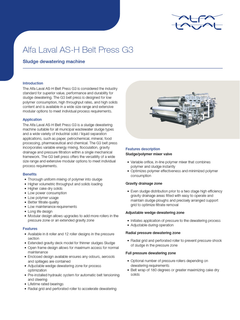 Alfa Laval As H Belt Press g3 | PDF | Mechanical Engineering | Industrial Processes