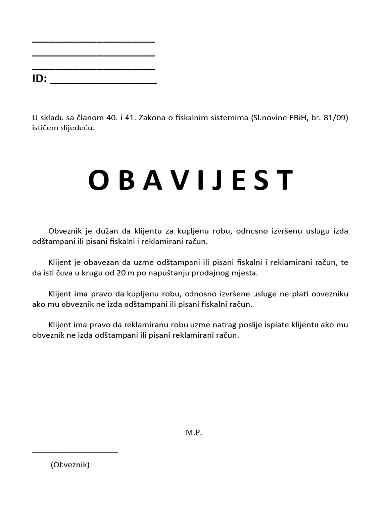 Obavijest o Izdavanju Racuna | PDF