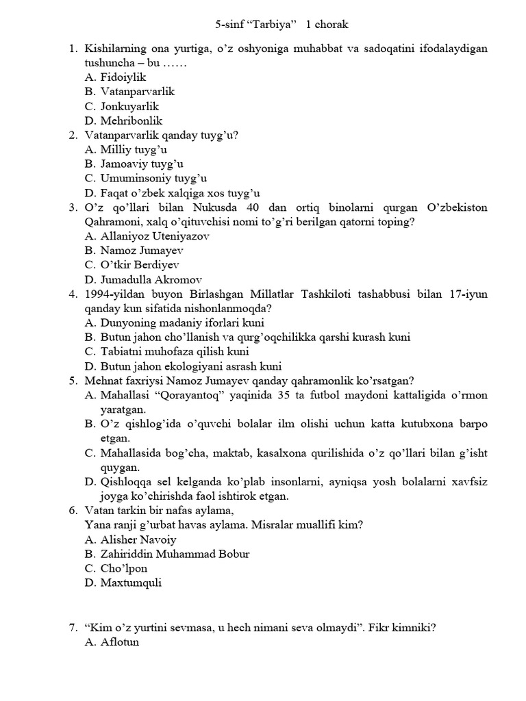 5-11 Sinf Tarbiya Fanidan 1-2 Chorak Testlar | PDF