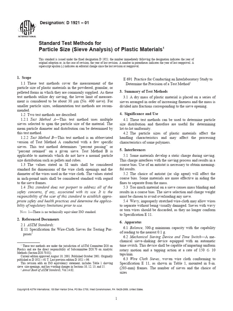 Astm D 1921-01 | PDF | Physical Sciences | Materials