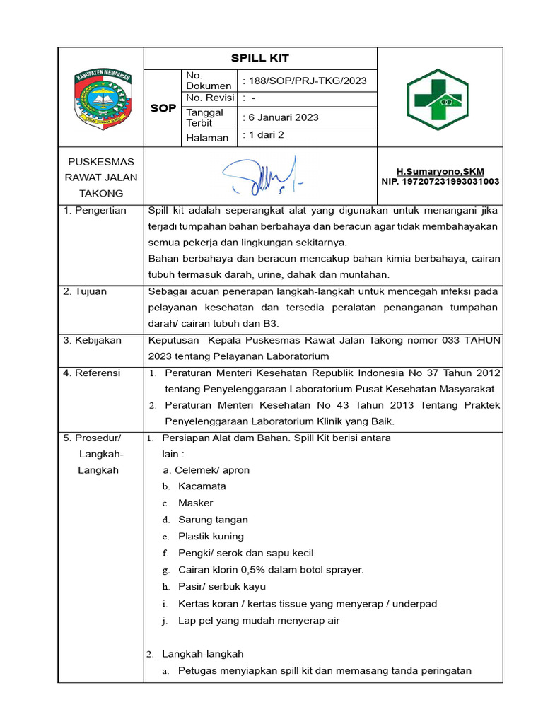 Prosedur Penggunaan Spill Kit di Puskesmas | PDF