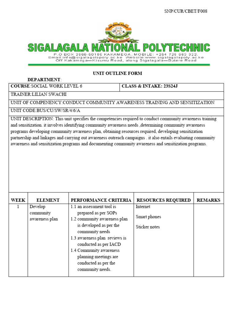 SNP Unit Outline form (1) | PDF | Educational Assessment