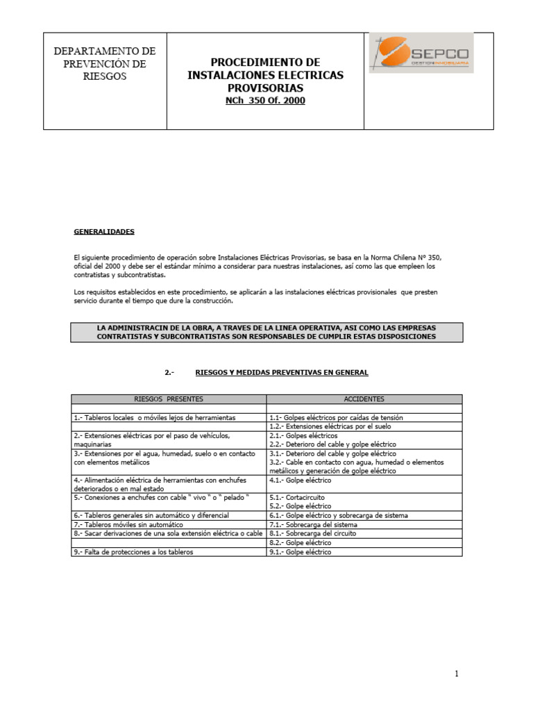 03.-Procedimientos de Operacion Inst. Electricas Provisorias | PDF | Enchufes y tomas de ...