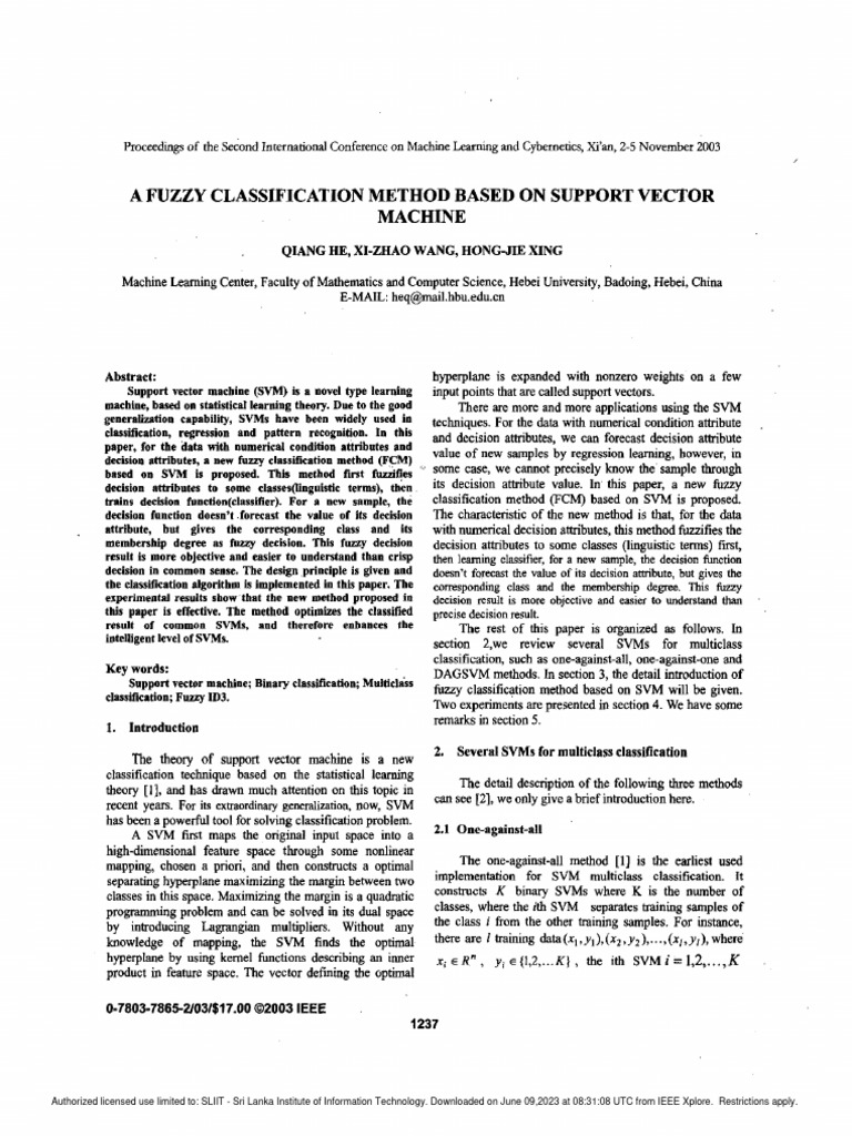 A Fuzzy Classification Method Based On Support Vector Machine | PDF | Support Vector Machine ...