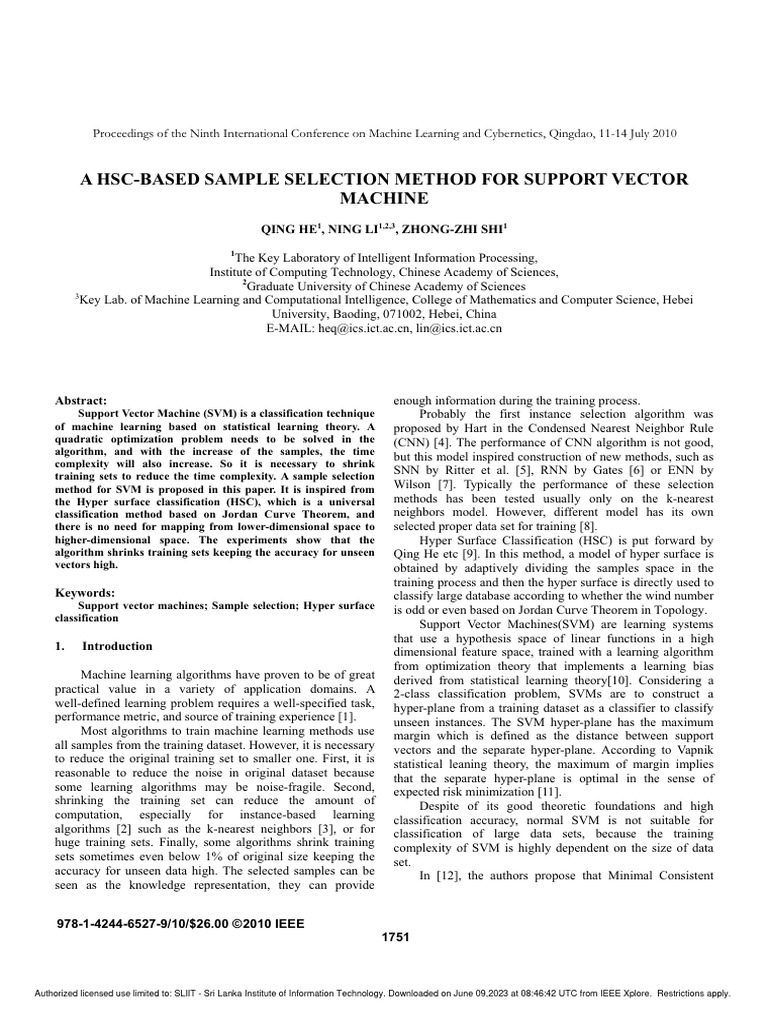 A HSC-based Sample Selection Method For Support Vector Machine | PDF | Support Vector Machine ...