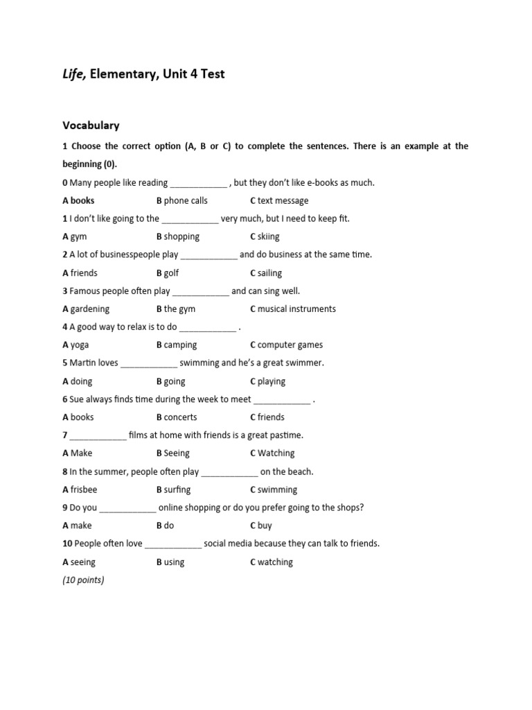 Life 2e - Elementary - Unit 4 Test - Word | PDF | Triathlon