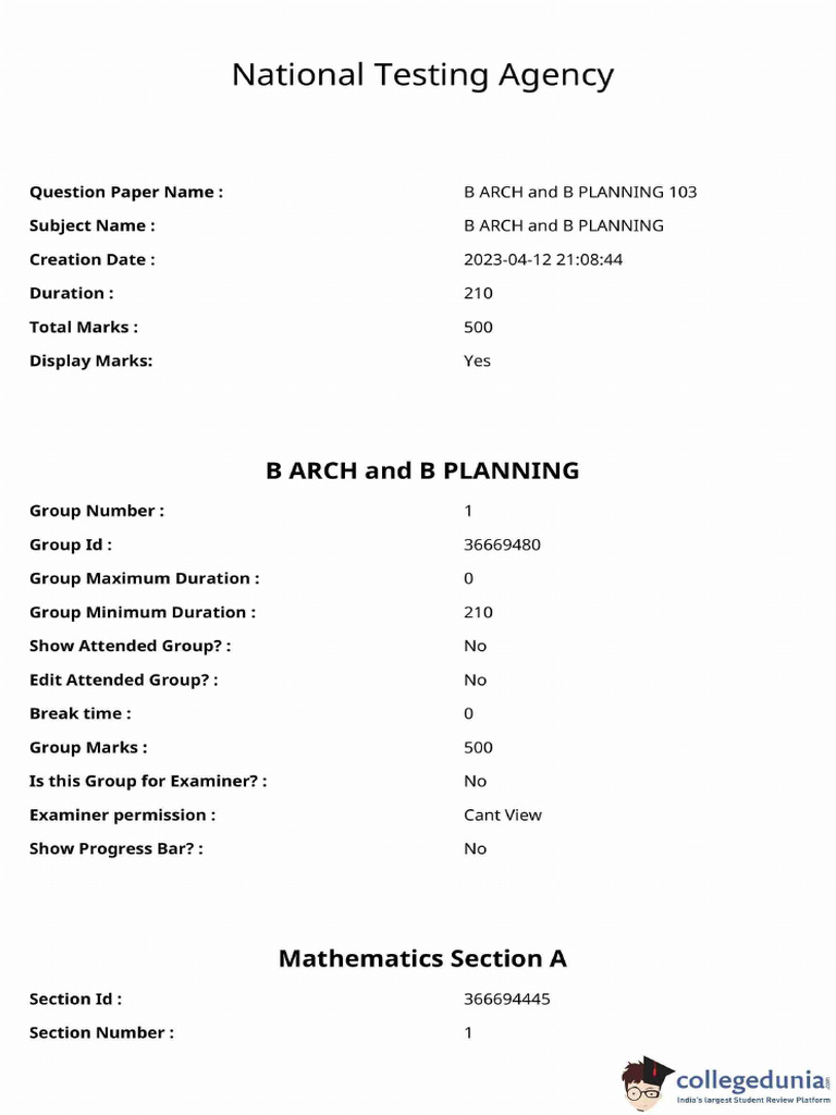 JEE Main 2023 B Planning and B Arch Question Paper April 12 Shift 2 | PDF
