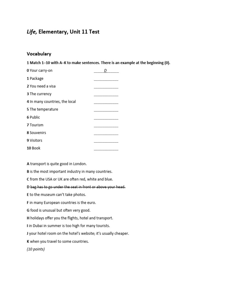 Unit 11: Tourism Vocabulary Test | PDF | Tourism | Transport