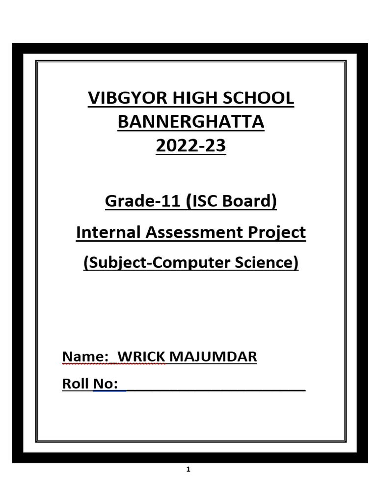 Grade Isc 11 Wrick Computer Project 1 Pdf Computer Program Programming 2636