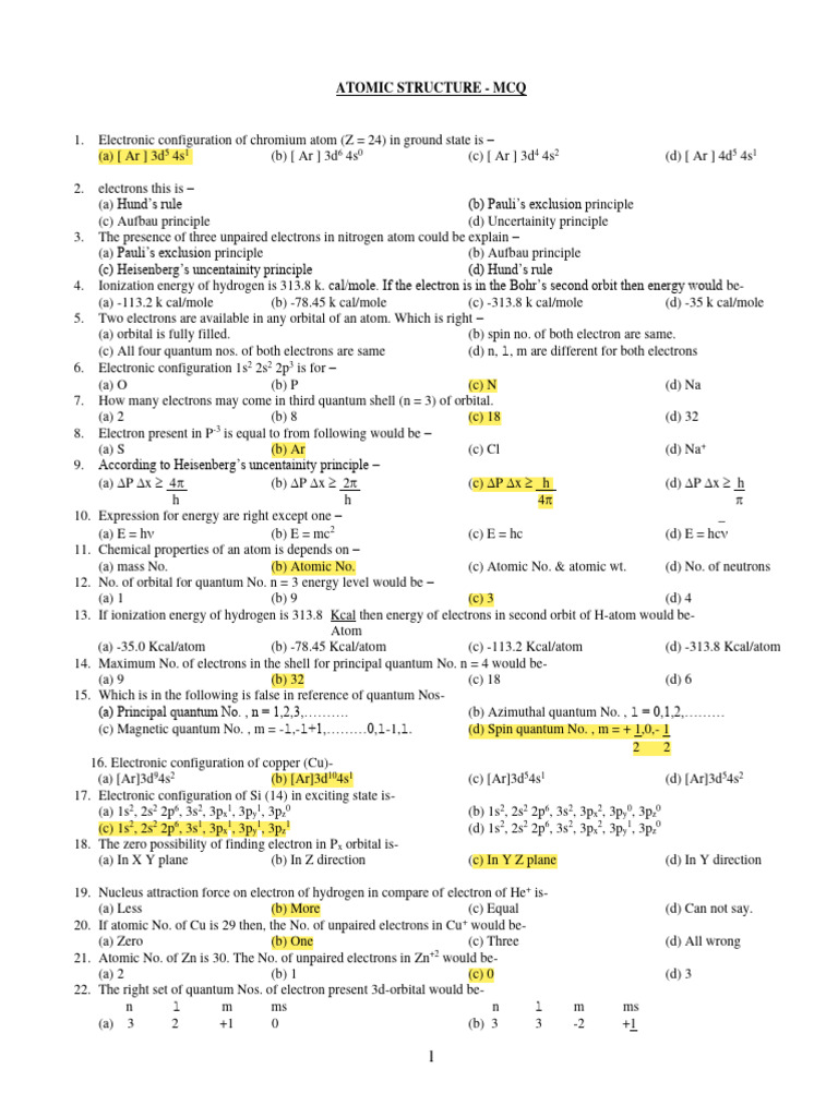 Atomic Structure - MCQ - 2022 | PDF