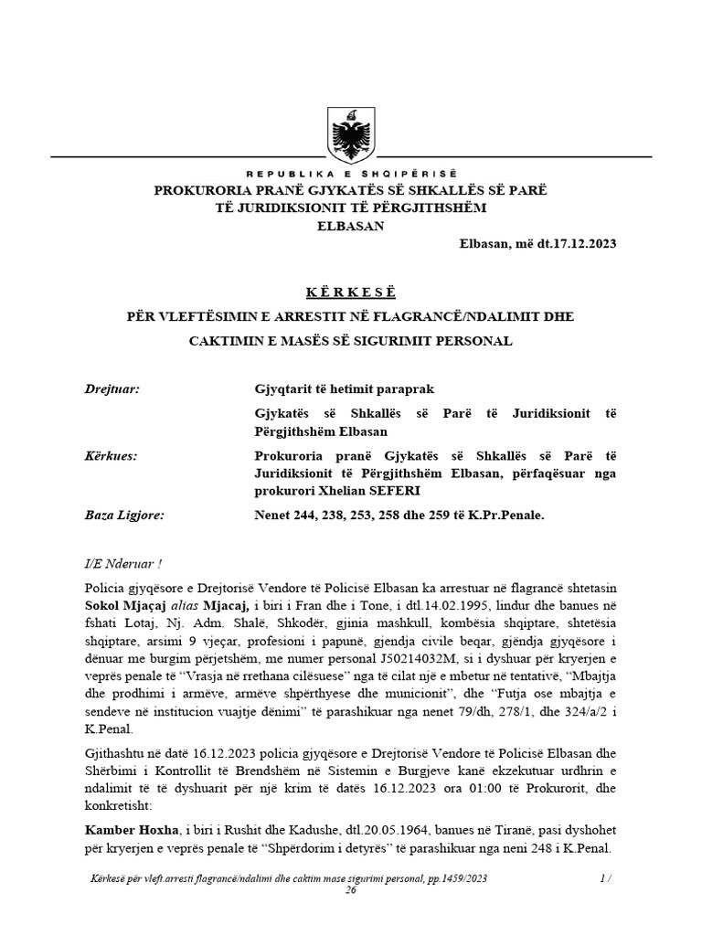 Kerkese Mase Sigurimi, Neni 238, Sokol Mjacaj Etj, Pp.1459, 2023 | PDF