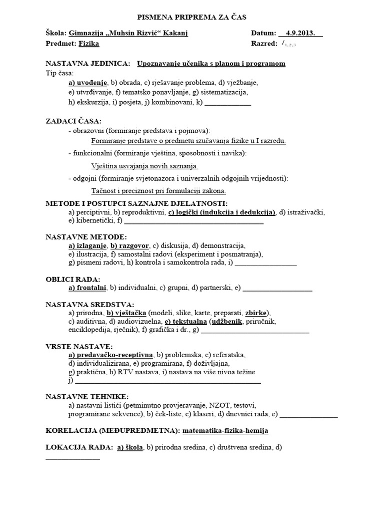 PISMENA PRIPREMA ZA CAS-Upoznavanje Ucenika S Planom I Programom | PDF