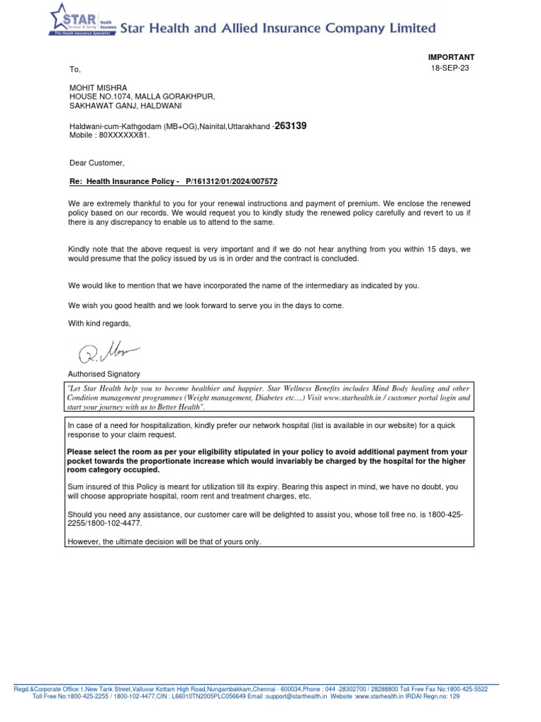 Star Health Insurance Renewal Notice | PDF | Insurance | Asthma