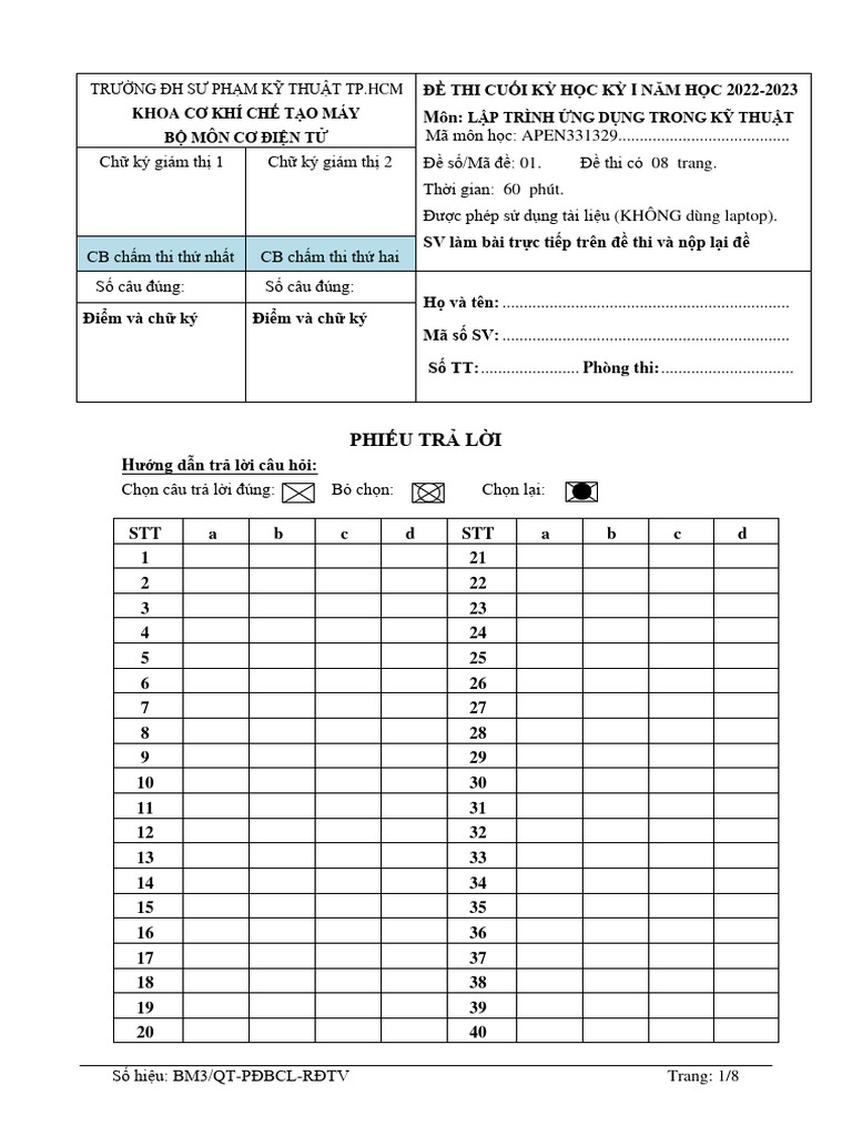 Lap Trinh Ung Dung Trong Ky Thuat - de MAU | PDF