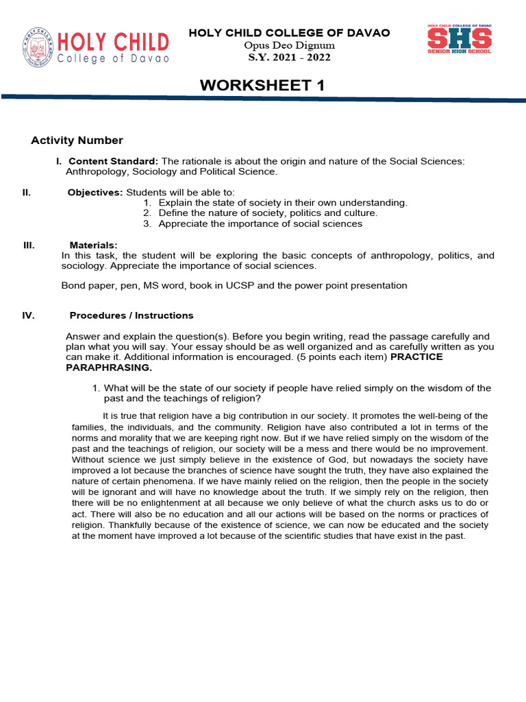 Ucsp Worksheet | PDF