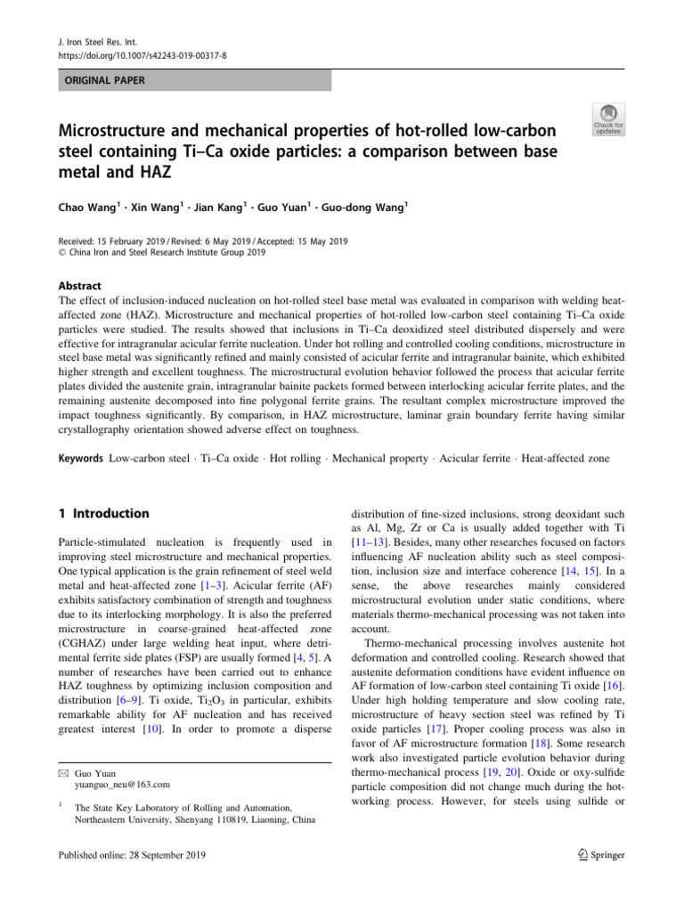 Microstructure and Mechanical Properties of Hot-Rolled Low-Carbon Steel Containing Ti-Ca Oxide ...