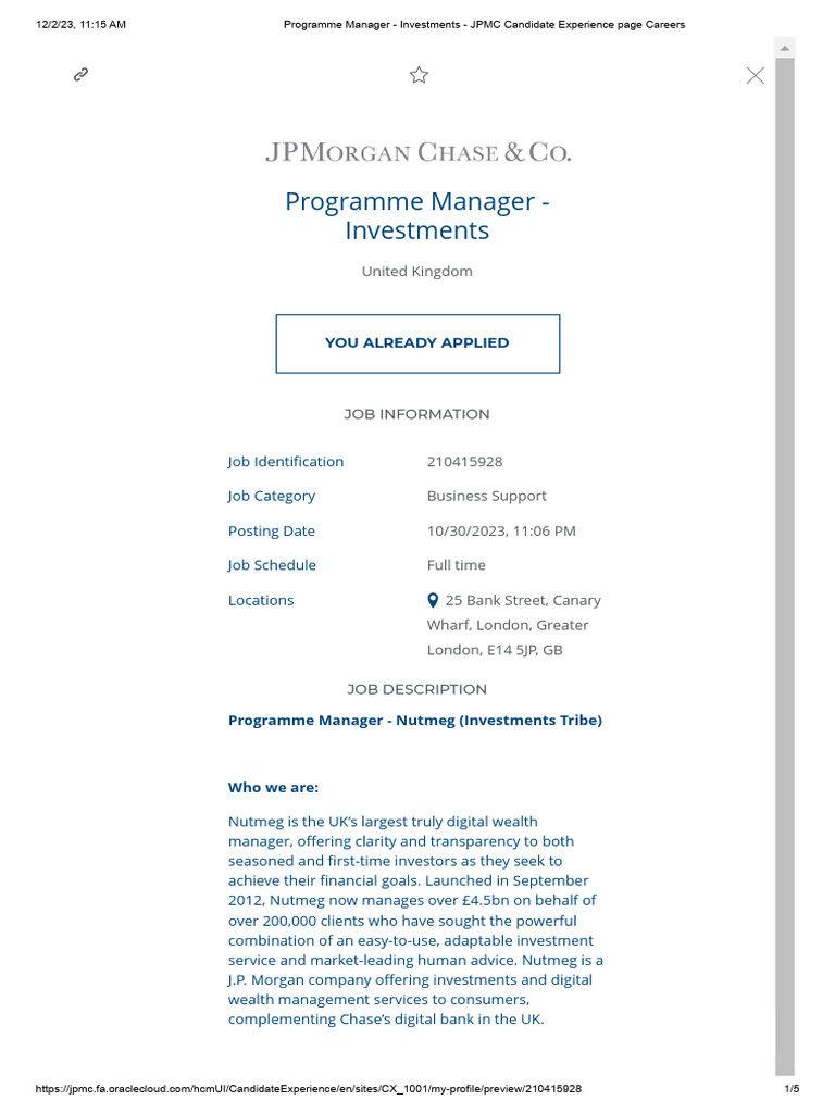 Programme Manager - Investments - JPMC Candidate Experience Page Careers | PDF | Agile Software ...