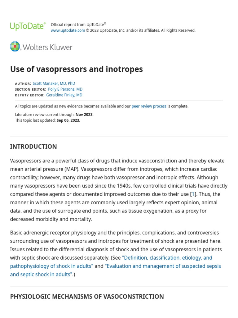Use of Vasopressors and Inotropes - UpToDate | PDF | Shock (Circulatory ...