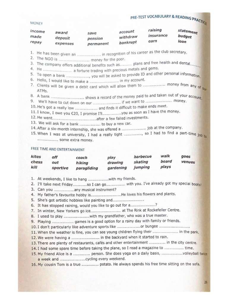 Pre-Test Vocabulary & Reading | PDF