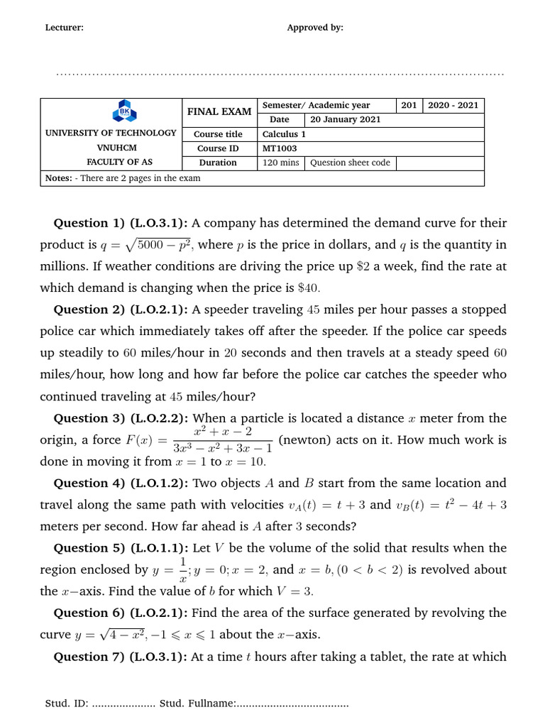 Calculus 1 Final Exam Questions | PDF