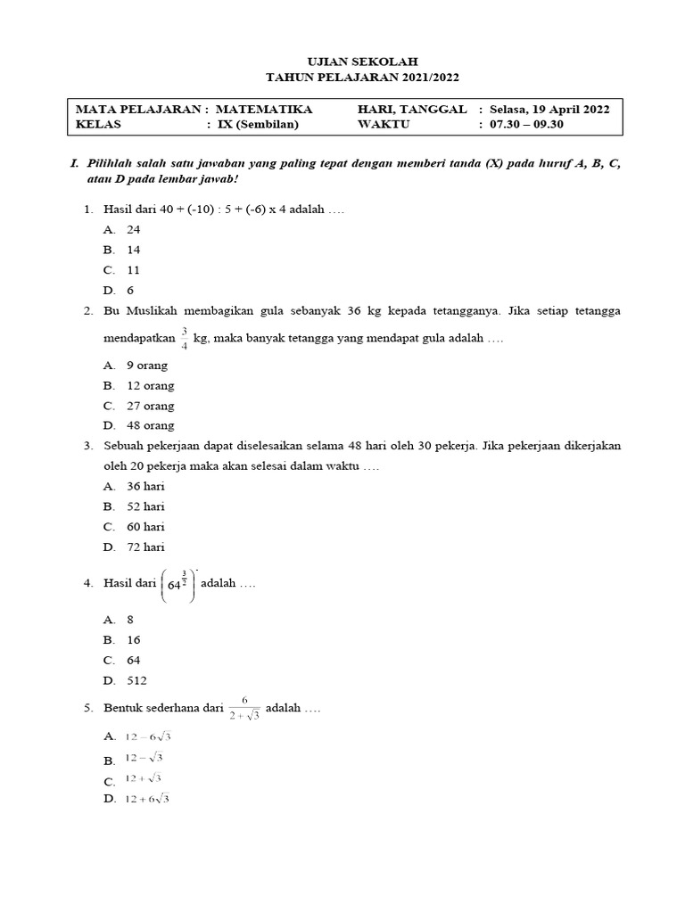 Soal MTK Us Kelas 9 Tahun 2021-2022 | PDF | Metode & Bahan Ajar