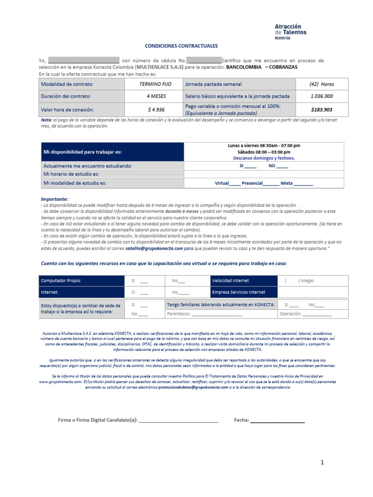 Formato Condiciones Contractuales 2023 - Bancolombia - CBZ Sufi | PDF | Internet