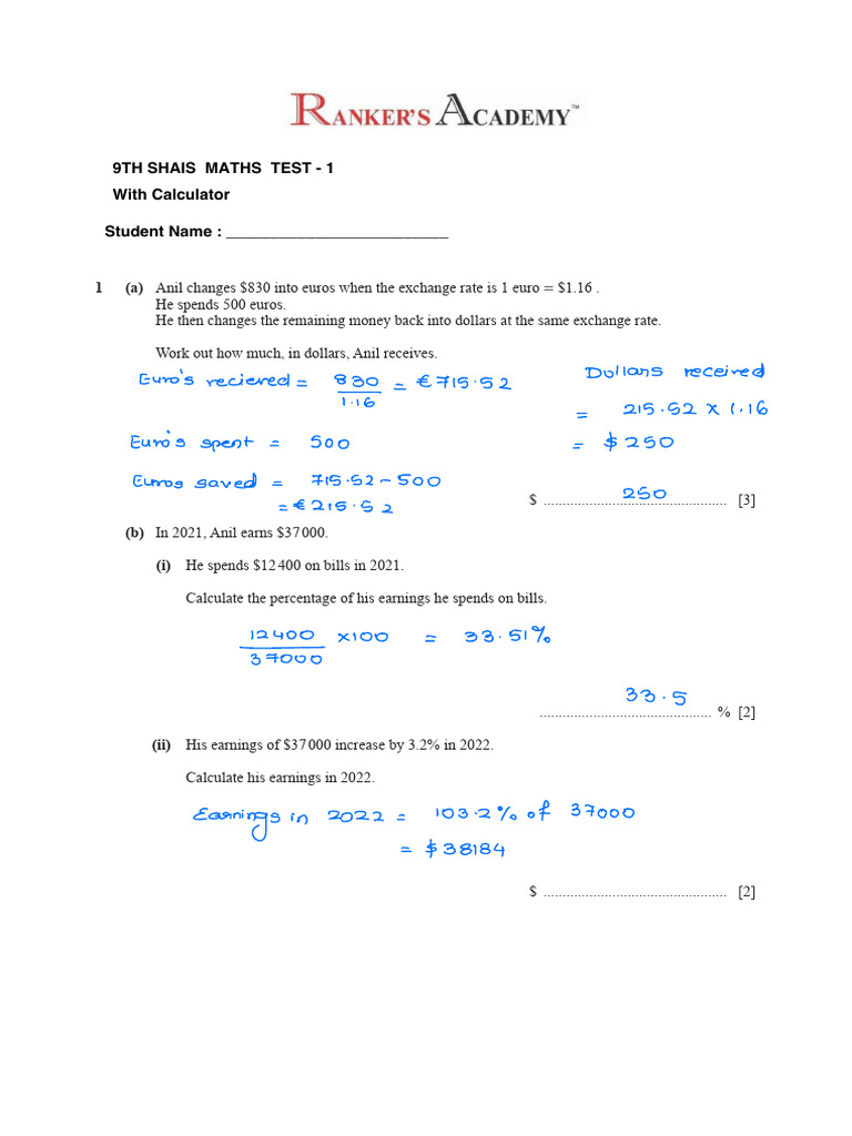 9th Grade Math Test Solutions | PDF | Area | Circle