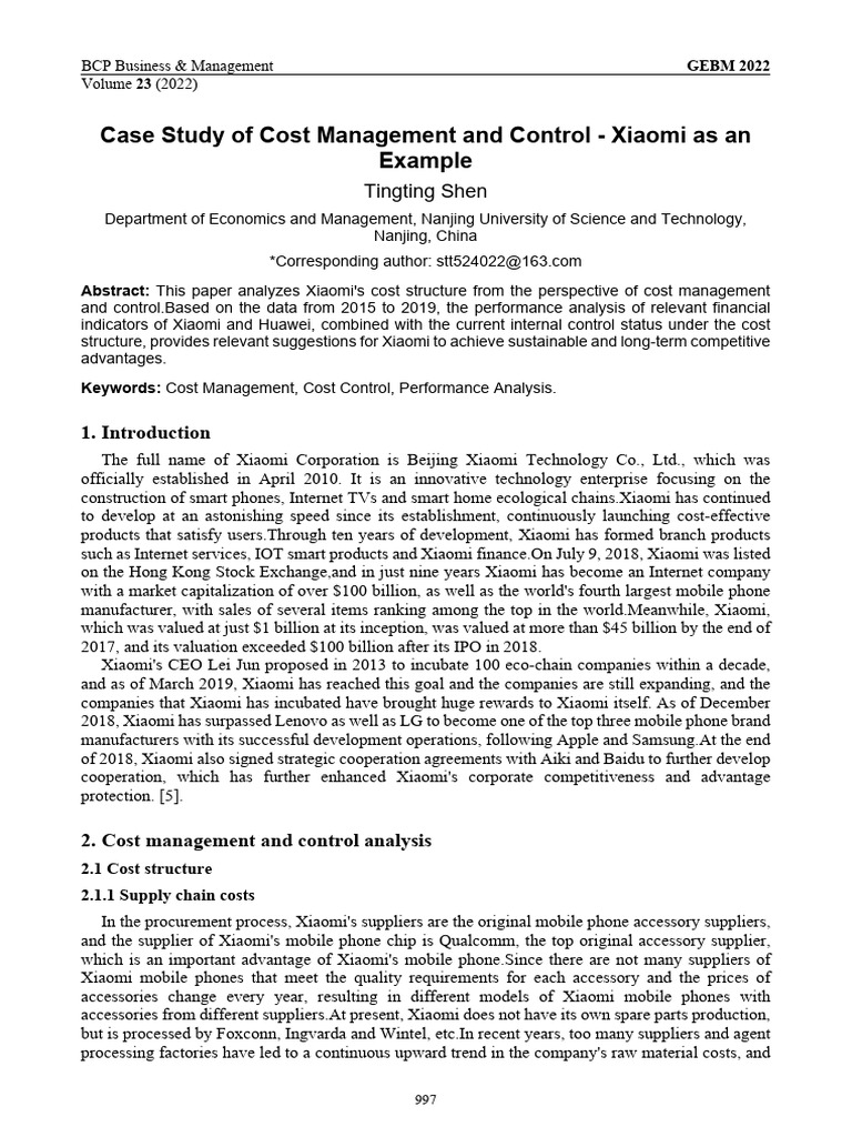 Case Study of Cost Management and Control - Xiaomi | PDF