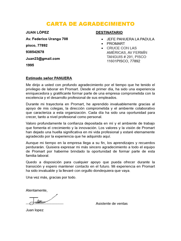 Carta de Agradecimiento | PDF
