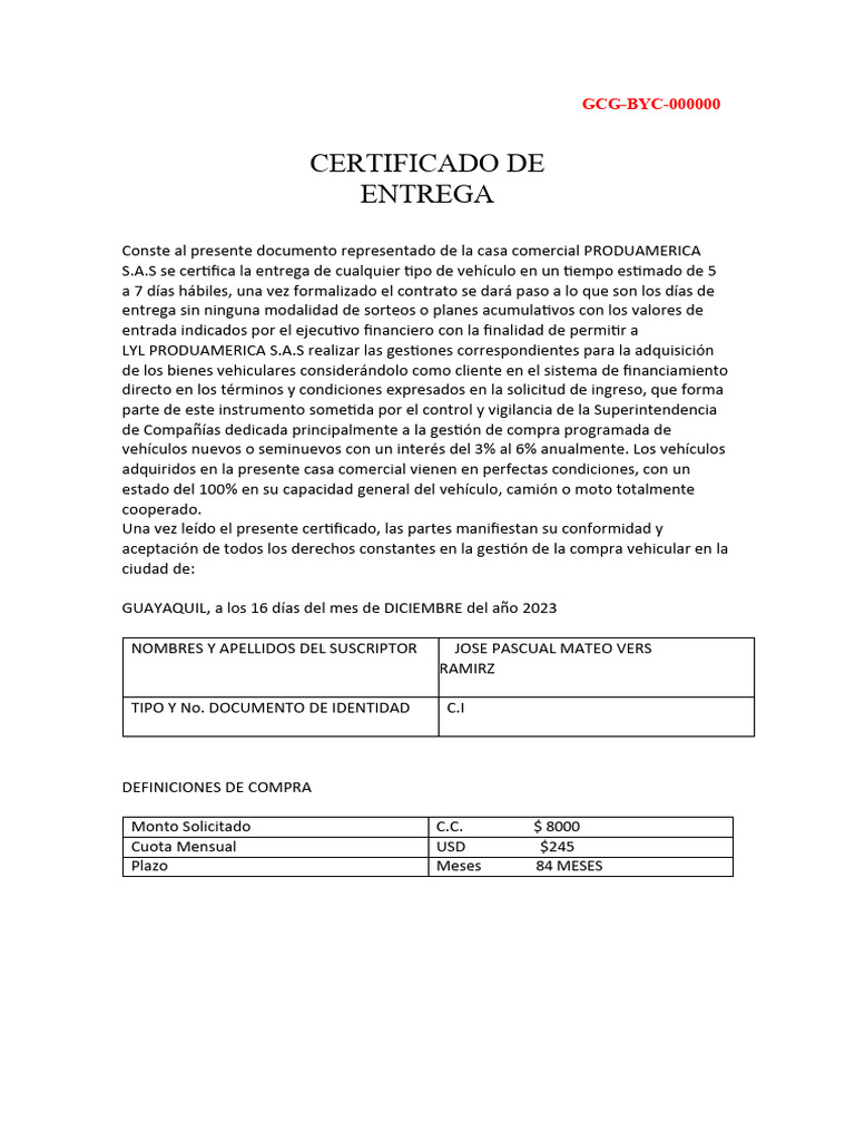 Certificado de Entrega | PDF
